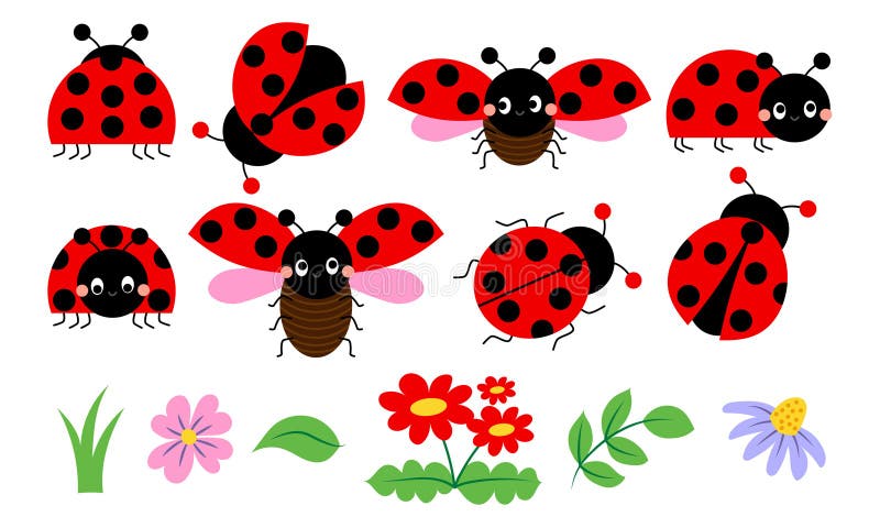 Cute Cartoon Ladybug Collection with Flowers and Leaves, Red Beetle ...