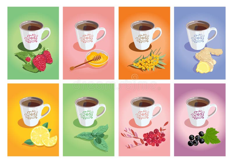 Tea Banners Set. a Cup of Raspberry Tea, Mint, Ginger, Sea Buckthorn ...