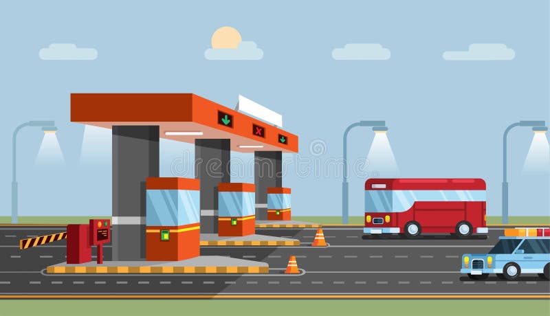 Highway Toll Gate. Car City Transport Road Flat Cartoon Illustration ...