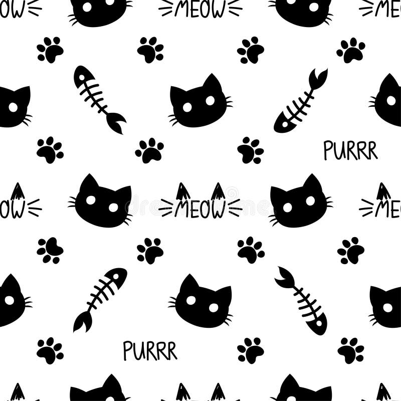 Cute Cat Paw, Fishbone and Face Pattern - Funny Vector Drawing Seamless ...