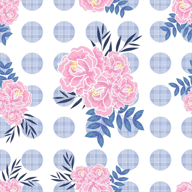 Pink Flowers on Blue Dot Seamless Pattern Stock Illustration ...