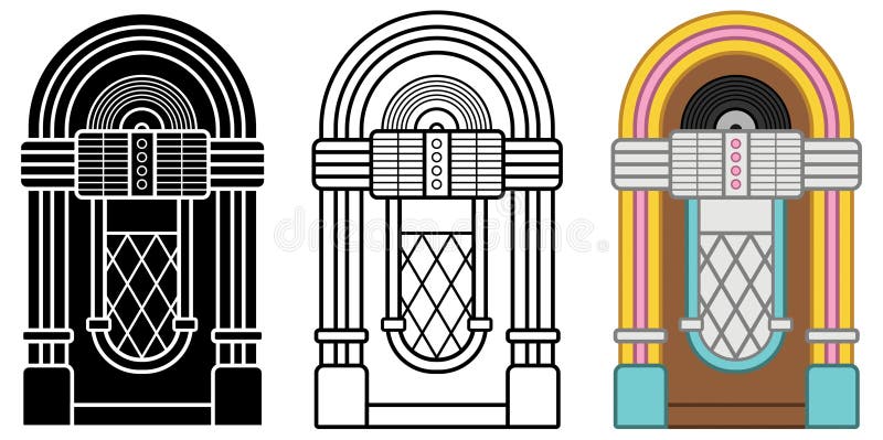 Jukebox Clipart Set - Outline, Silhouette and Colored Stock Vector ...