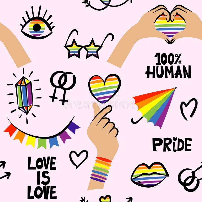 Cute Seamless Pattern with Lgbt Rainbow, Hearts, Text, Arrows and Stars ...