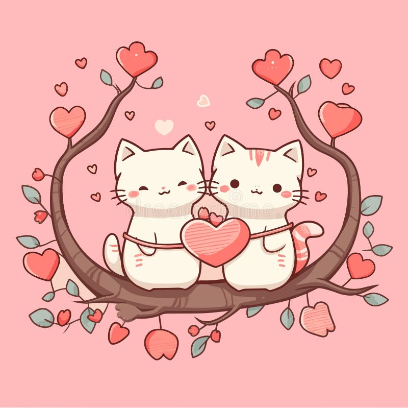 Cartoon Cat. Couple Kitten Loving in Tree Stock Vector - Illustration ...