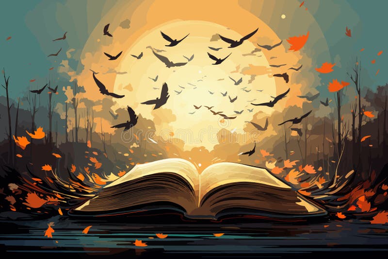 Cartoon Vector Illustration of Open Book Surrounded by Flying Birds ...