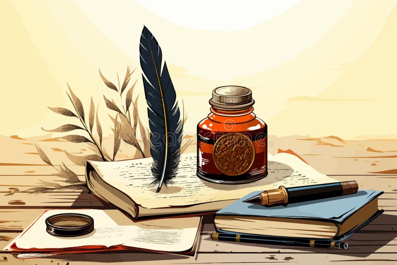 Retro Quill Feather Ink Writing Pen and Inkwell in Old Vintage Woodcut ...