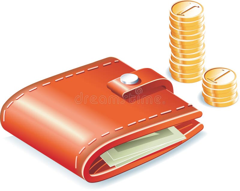 Red Brown Wallet with Banknotes and Golden Coins. Hand Drawn Vector ...