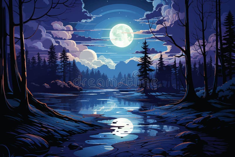 Cobalt Reflections, Nighttime Lake Setting with Shimmering Blue Hues ...