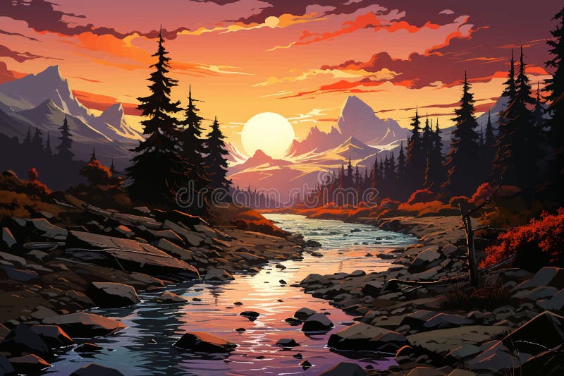 Rocky River Glow, Sunset Colors Reflect on the Tranquil Mountain Stream ...