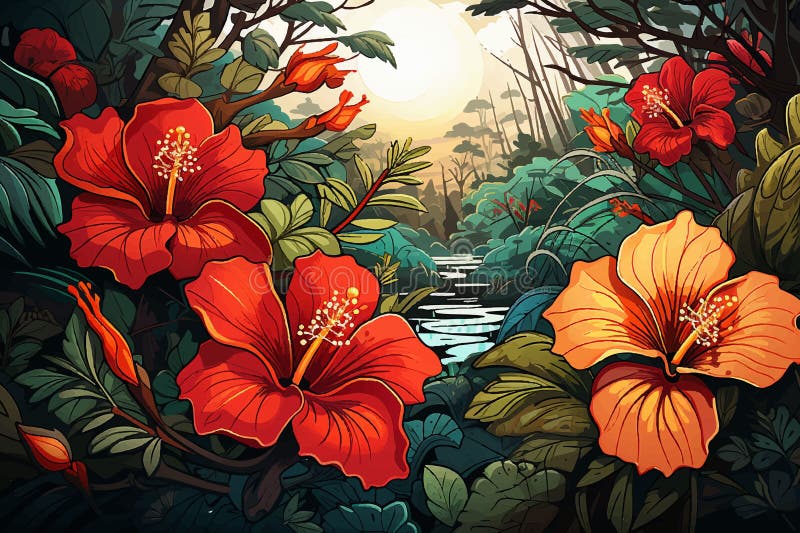 Scarlet Jungle, Vibrant Red Flowers Bloom Amidst Lush Green Foliage ...