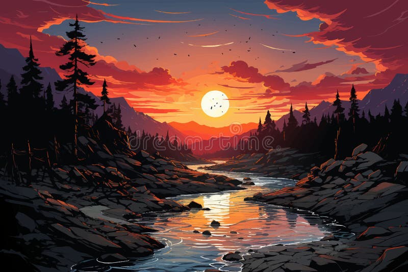 Sunset Cascade, River Cuts through Mountains As Twilight Paints the Sky ...