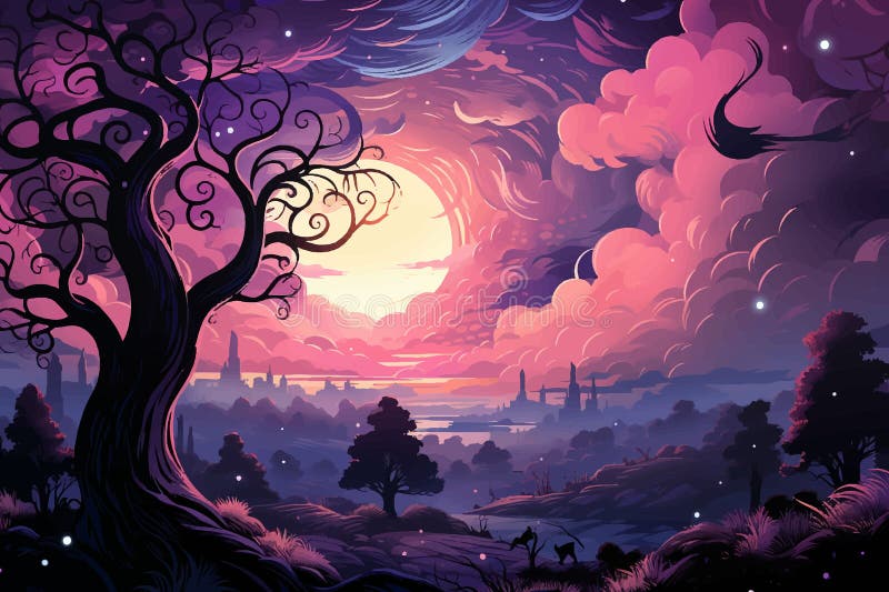 Whimsical Twilight, Moonlit Landscape Adorned with a Cute Unicorn S ...