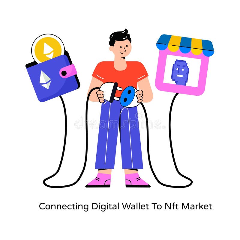 Connecting Digital Wallet To Nft Market Flat Style Design Vector ...