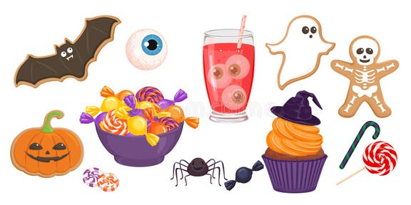 Halloween Sweet Food Set. Vector Cartoon Illustration of Scary Candy ...