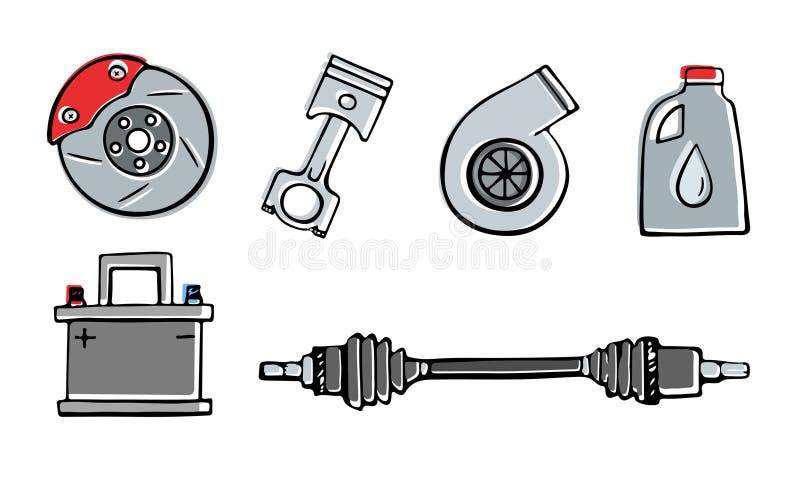 Spare Parts. Car Parts in Doodle Style. Vector Clipart Isolated on ...