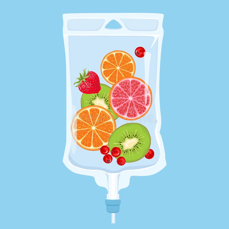 IV Vitamin Drip Therapy. Vector Cartoon Illustration of Fruit Saline ...