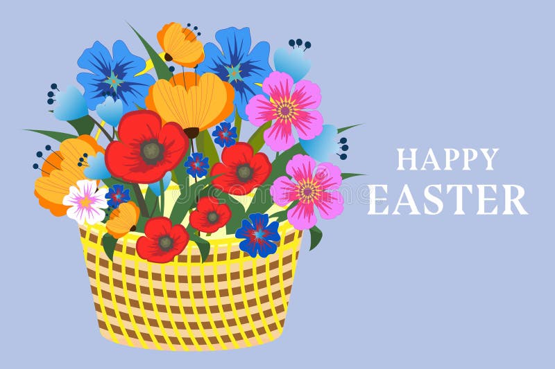 Easter Greeting Poster, with a Basket of Spring Wildflowers Stock ...