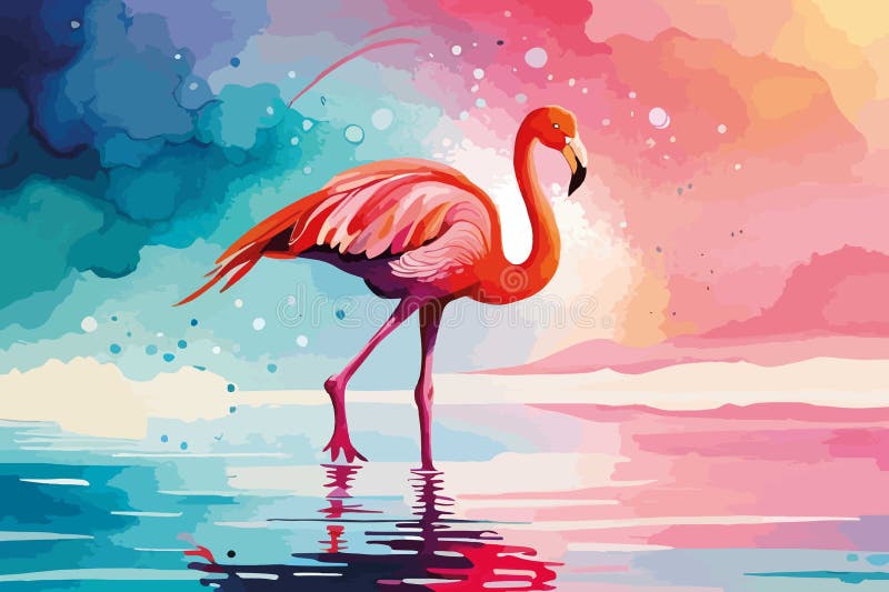 Watercolor Pink Flamingo Portrait, Side View. Tropical Exotic Bird ...