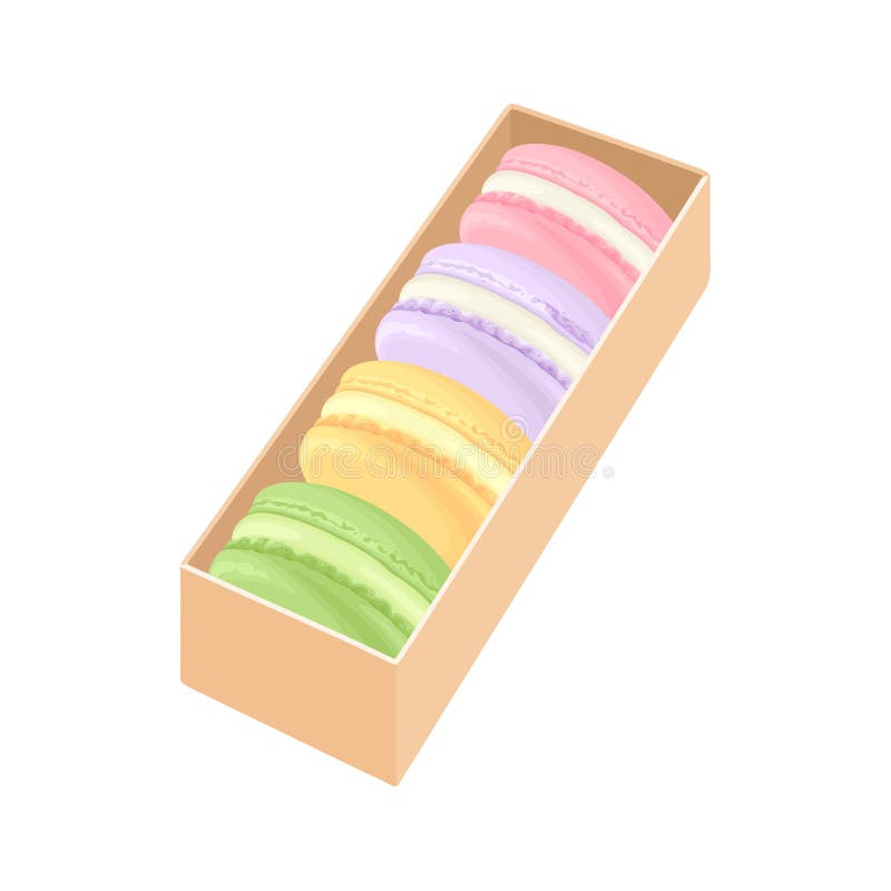 Macarons in Box. Vector Cartoon Illustration of Colorful Macaroons ...