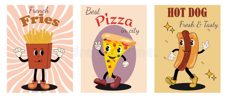 Set of Retro Cartoon Posters with Cute and Funny Fast Food Characters ...