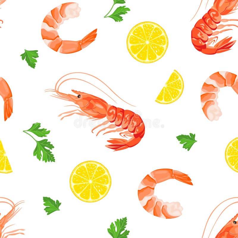 Seafood Background. Seamless Pattern with Shrimp, Parsley and Lemon ...