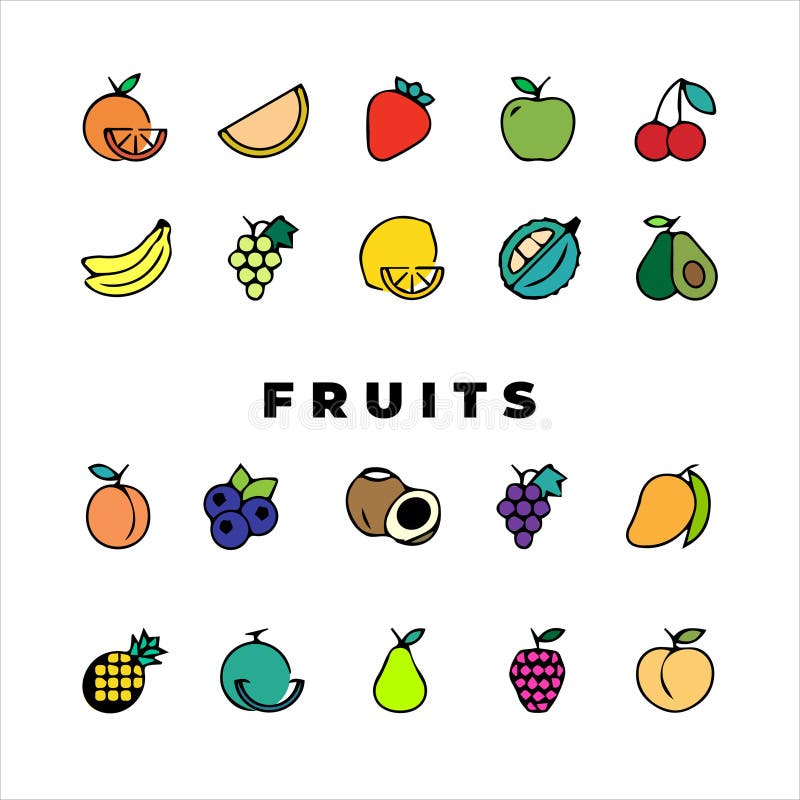 Fruits Color Icons Set in Doodle Style Stock Vector - Illustration of ...