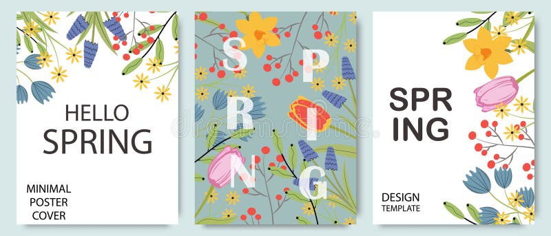 Set of Trendy Minimal Spring Posters with Beautiful Handmade Flowers ...