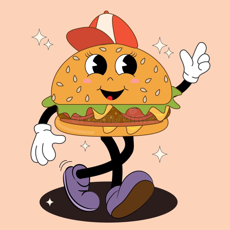 Burger in Cartoon Style. Groovy Street Food Character in Retro Burger ...