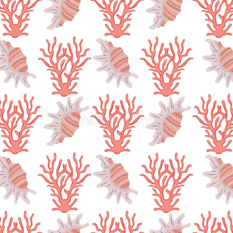 Seamless Pattern of Shells and Corals. Trendy Cartoon Seashell Pattern Stock Vector ...