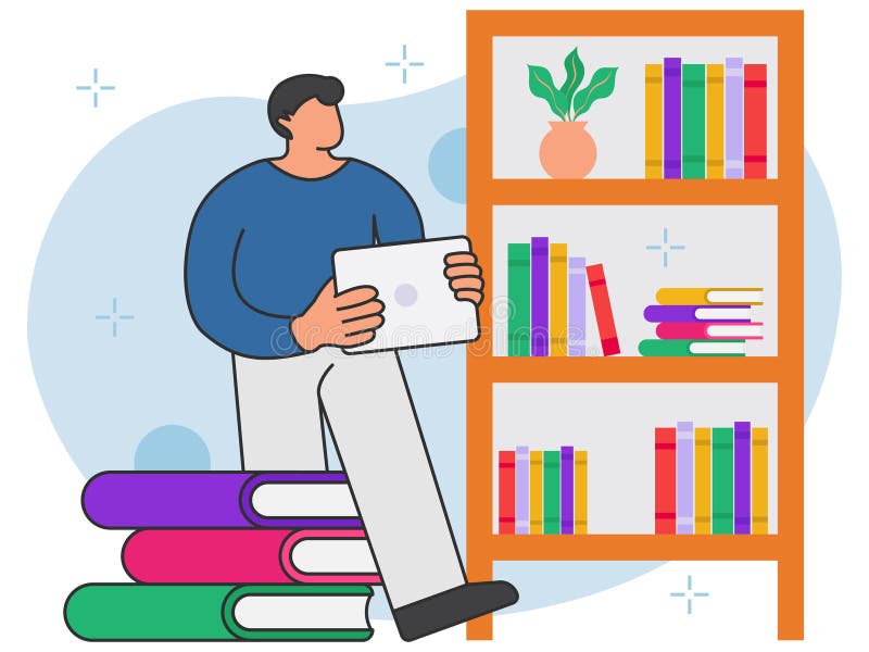 Man Standing at Library with Laptop Stock Vector - Illustration of ...