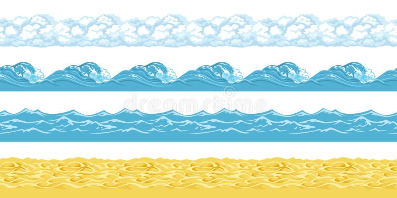 Set of Horizontal Seashore Seamless Patterns. Yellow Sand, Blue Sea ...