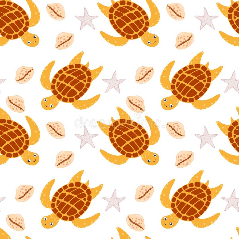 Sea Turtle Seamless Pattern. Trendy Turtle Pattern with Sea Shells ...
