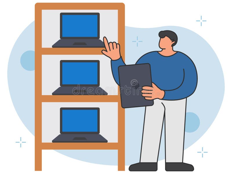 Man selling laptop device stock illustration. Illustration of cart ...