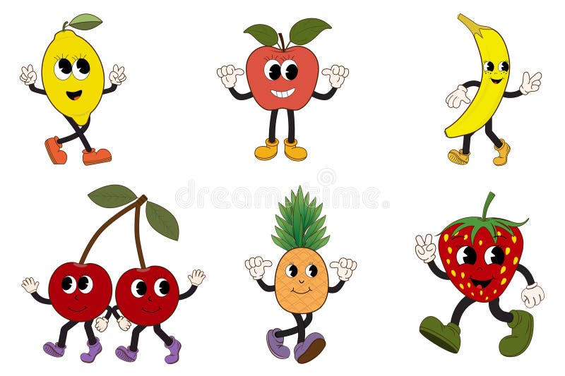 Set of Fruits, Retro Cartoon Character in Groovy Style. Stock Vector ...