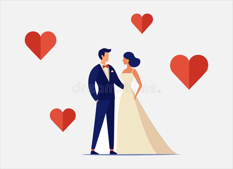 Romantic Wedding Couple Illustration with Floating Hearts Stock Vector ...