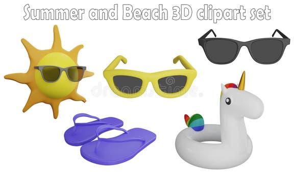 Summer and Beach Clipart Element ,3D Render Summer Concept Isolated on White Background Icon Set ...