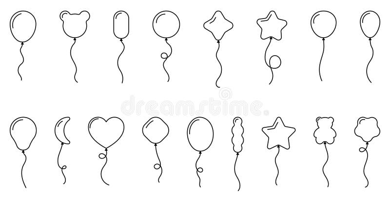 Balloon Outline Icons with String in Line Cartoon Style. Different ...