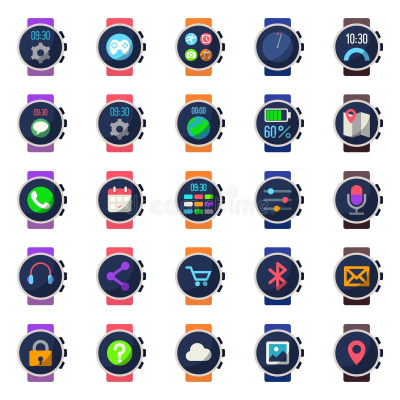 Flat Icons for Digital Smart Watch Technology. Stock Illustration ...