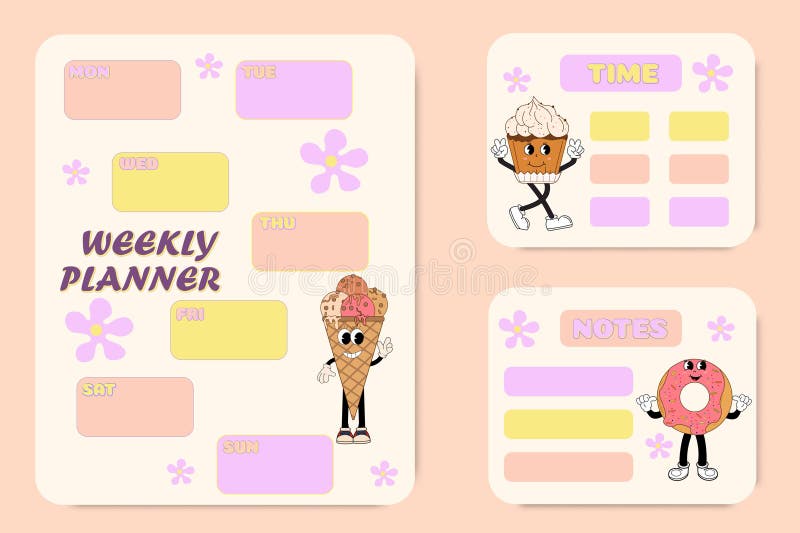 Weekly Planner. Cute Cartoon Characters in a Groovy Style. Schedule for ...