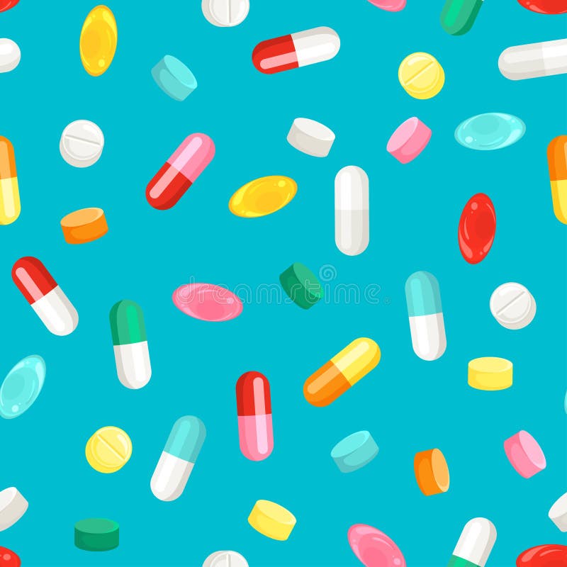 Colorful Pills and Capsules on Blue Background. Medication Seamless ...