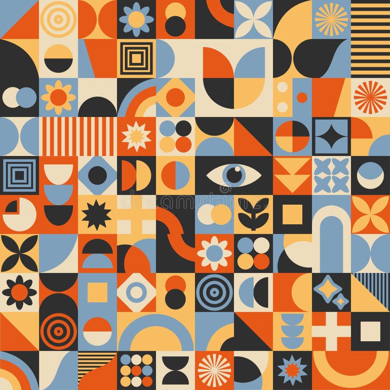 Colorful, Retro Geometric Modern Style Pattern - Bauhaus and Brutalism ...