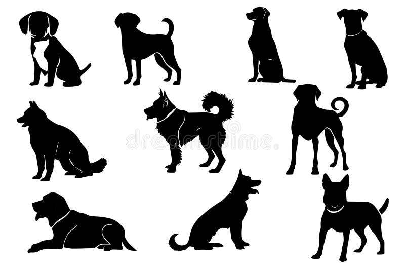 Large Vector Set of Dog Silhouettes. Stock Vector - Illustration of ...
