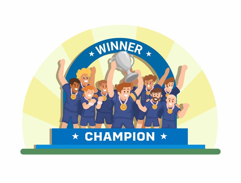Soccer Champion Team Celebration on Podium Cartoon Illustration Vector ...