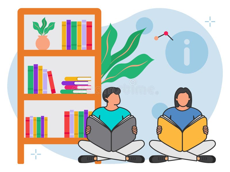 Girl and Boy Reading Book in Library Stock Illustration - Illustration ...