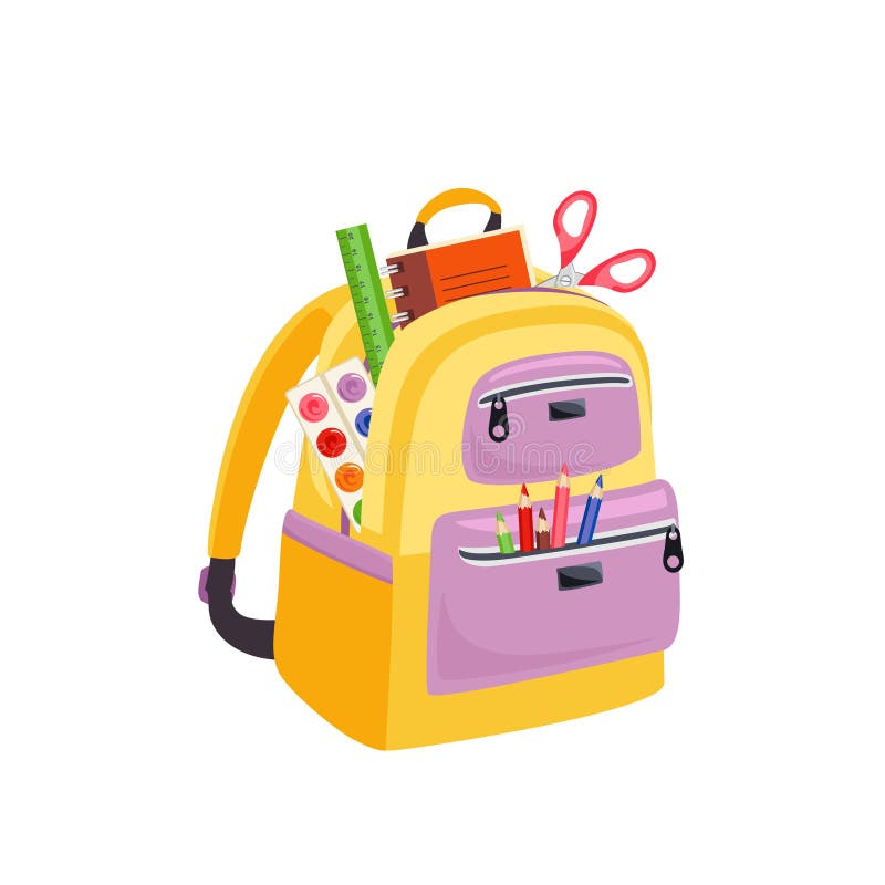 Yellow Backpack with School Stationery. Illustration of School Bag ...