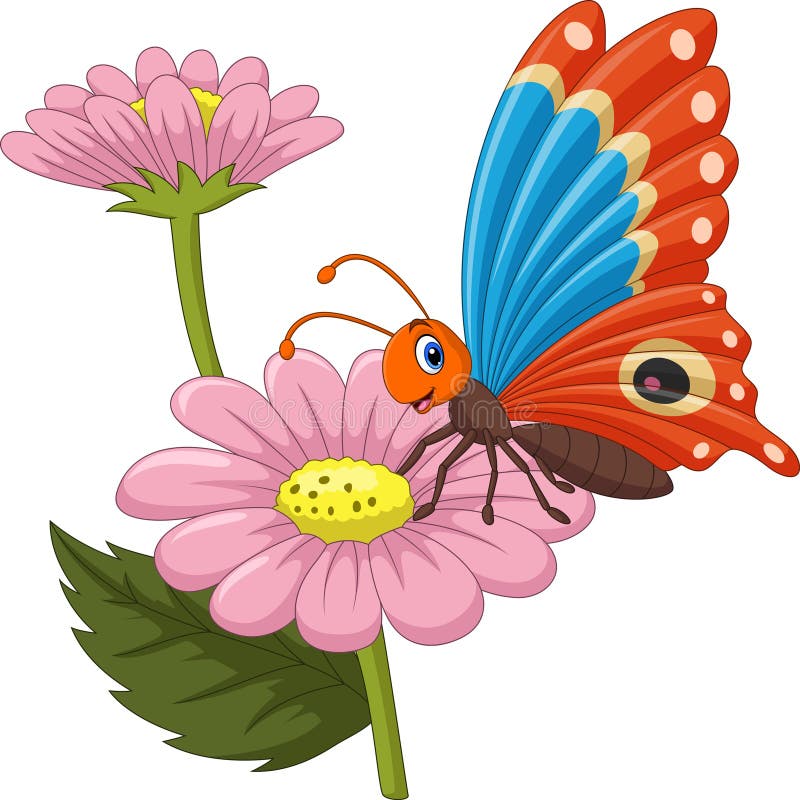 Cartoon Colorful Butterfly on a Pink Flower Stock Vector - Illustration ...