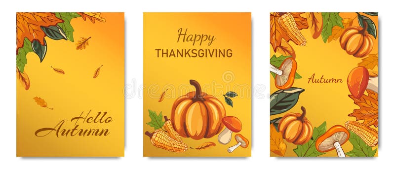 Bright Thanksgiving Posters with Autumn Elements, Pumpkin, Leaf, Corn ...