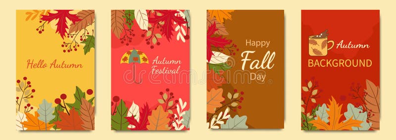 Set of Abstract Autumn Banners with Themed Illustrations of Leaves ...