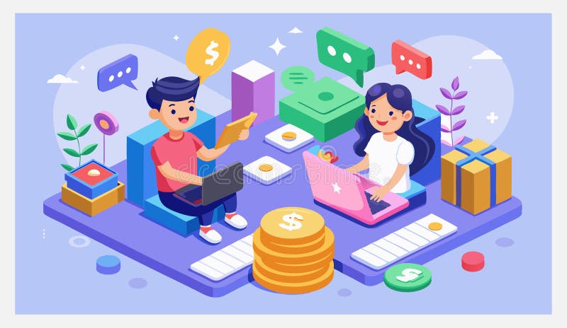 A Boy and a Girl Making Money Engaging Chat Isometric Illustrations ...