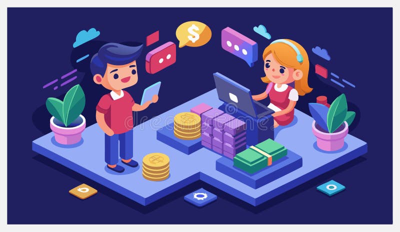 A Boy and a Girl Making Money Engaging Chat Isometric Illustrations ...
